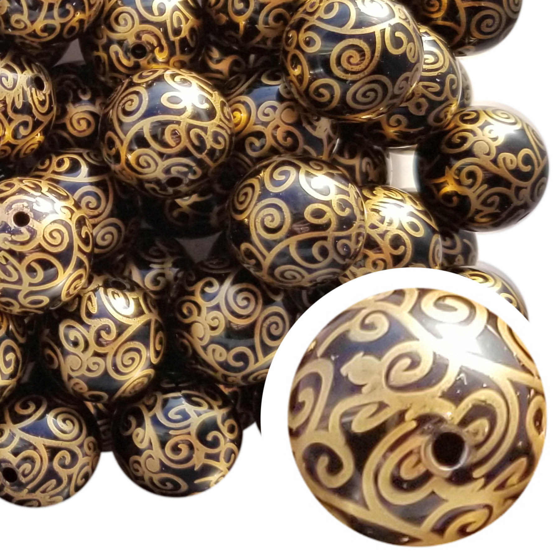 gold swirls 20mm printed bubblegum beads – Bubblegum Beads AZ
